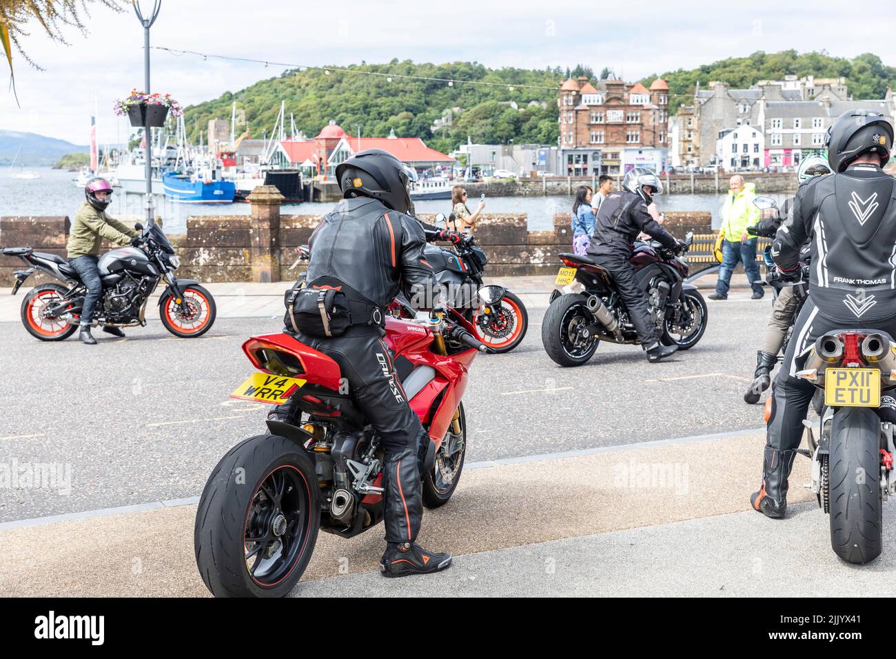 Oban west coast of Scotland, motorcyclists and motorbikes in a tour ...