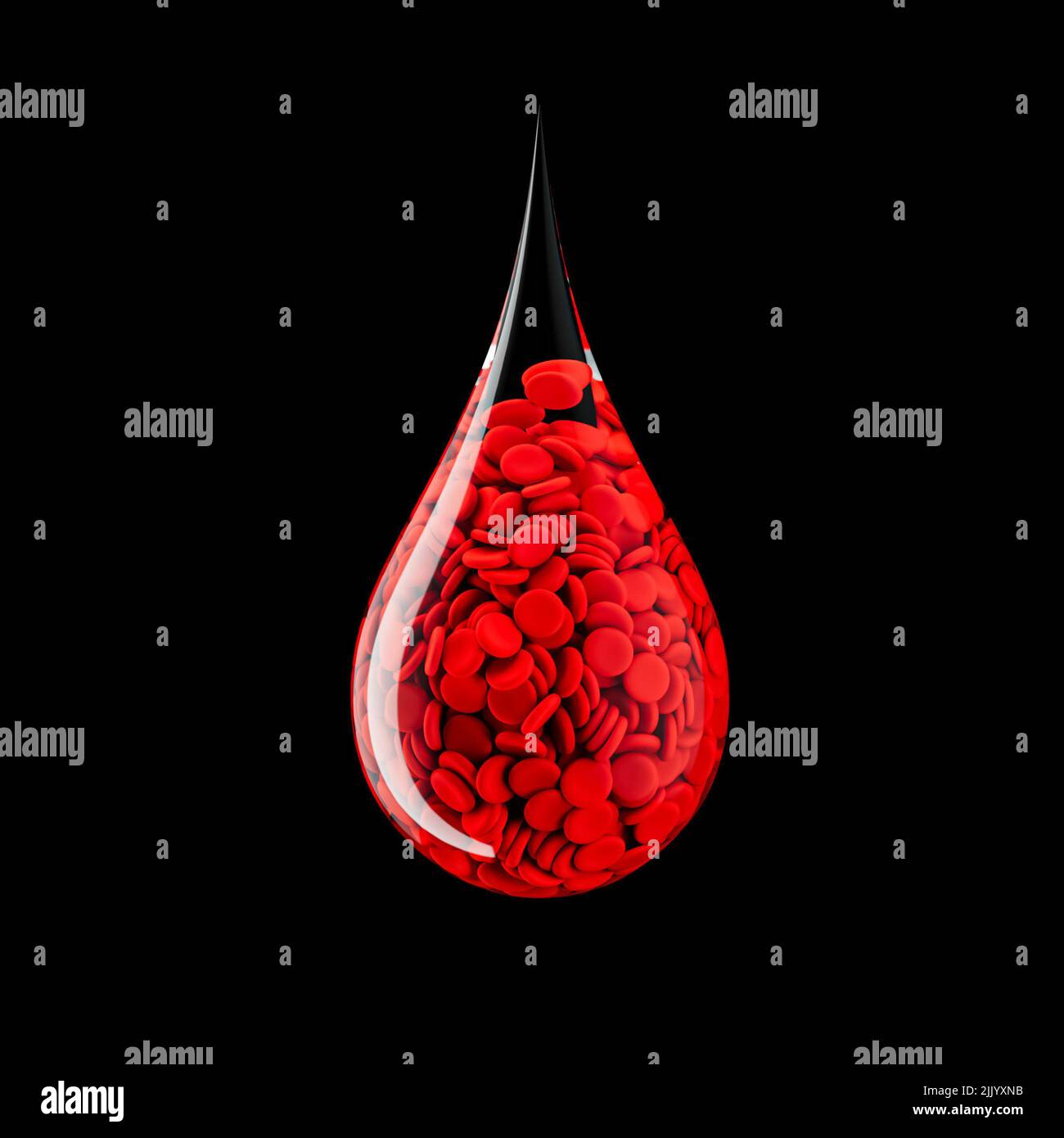 A 3D rendering of a big drop with blood cells inside on black ...