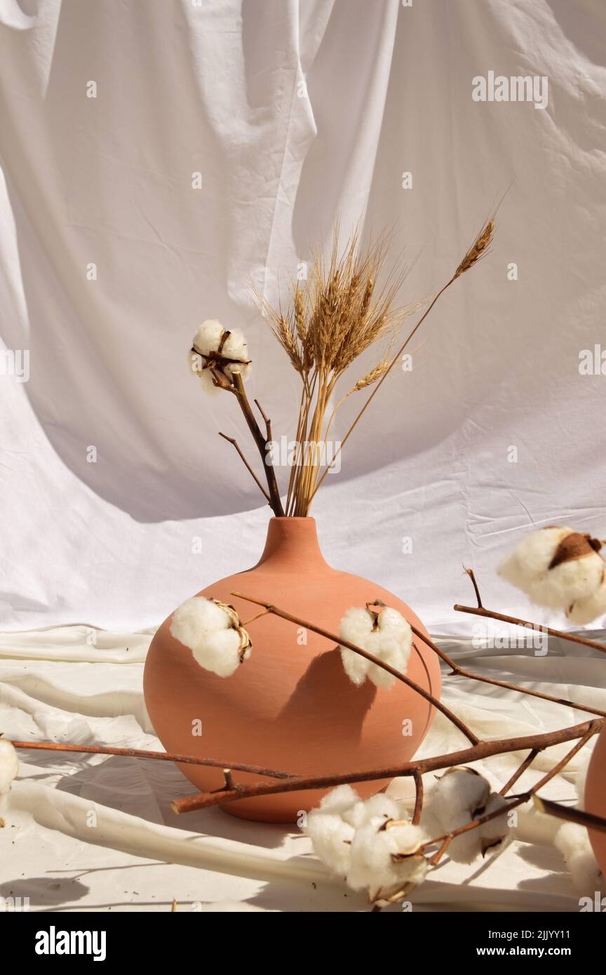 Earthenware vases and objects, pastel terracotta colors, with still ...