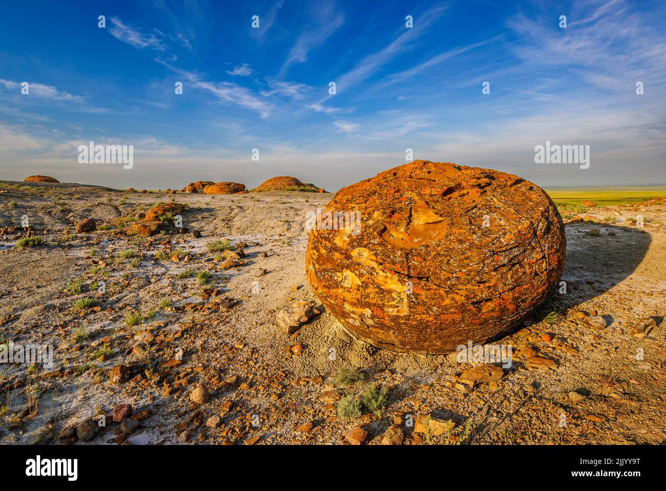 Red spherical sandstone concretions in the Red Rock Coulee Natural area ...