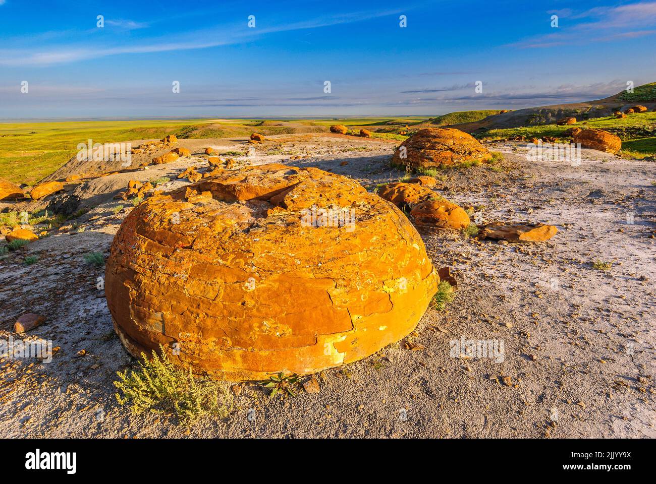 Red spherical sandstone concretions in the Red Rock Coulee Natural area ...