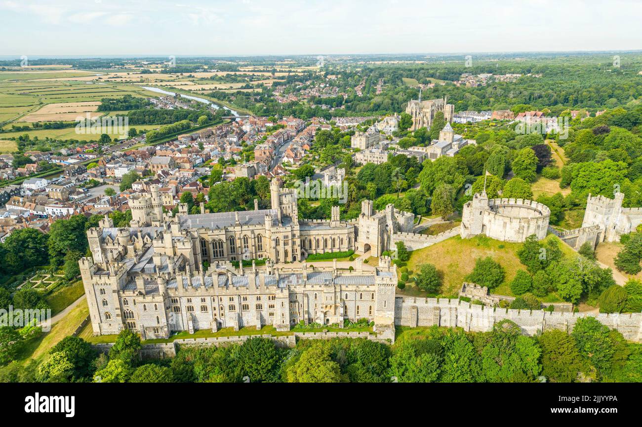 An aerial view of the Arundel castle and the town in United Kingdom ...