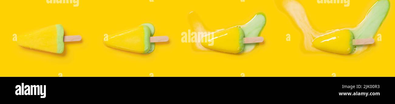 watermelon shape and flavor popsicle melting process on yellow ...