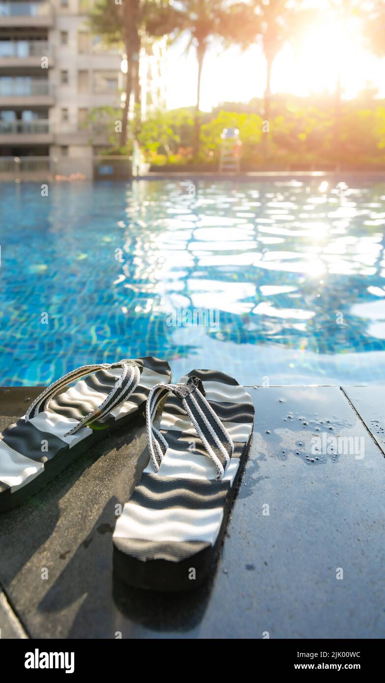 swimming pool in a sunny morning with sunflare vertical composition ...