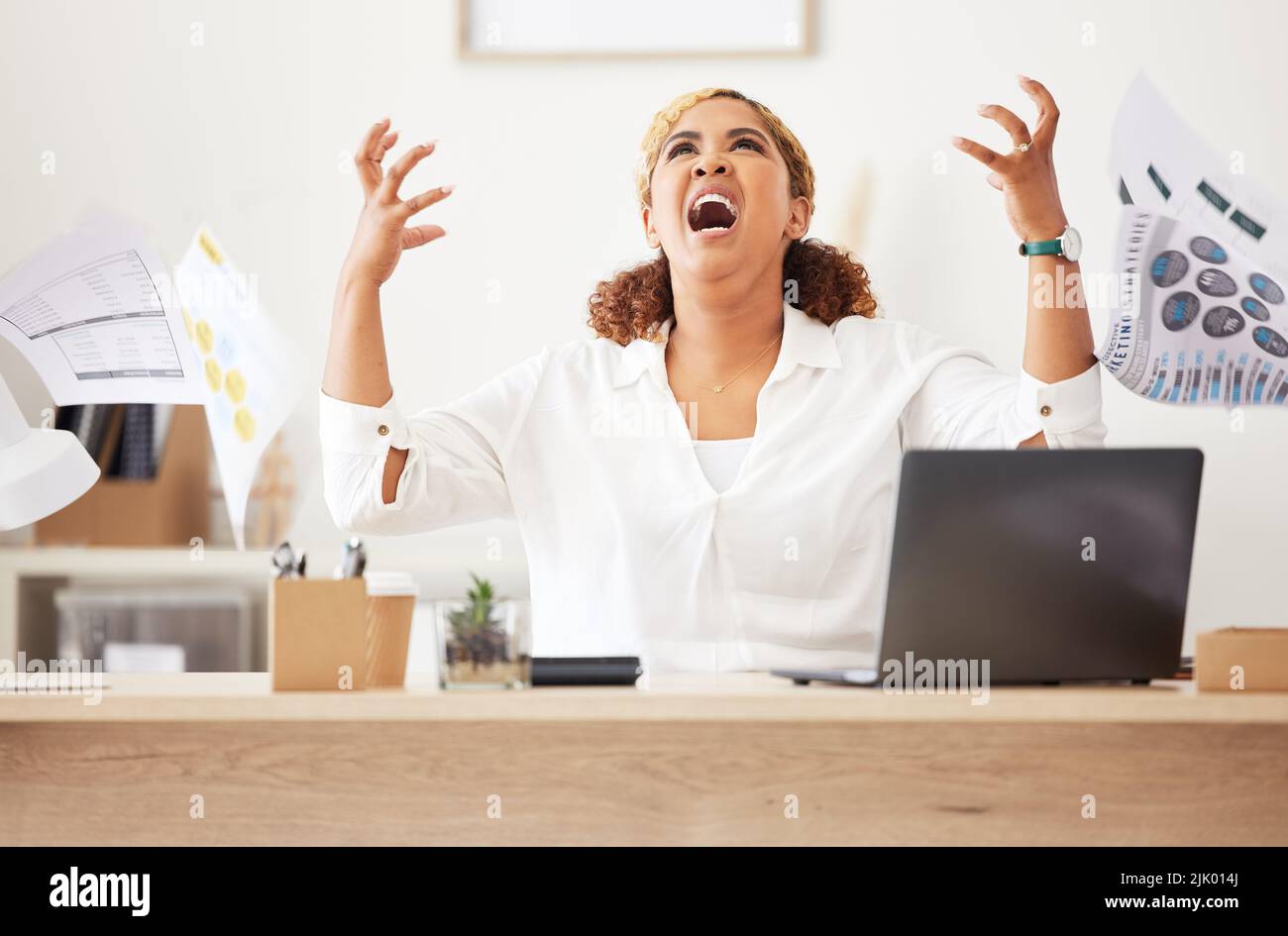 Angry, stressed and unhappy finance manager throwing documents and ...