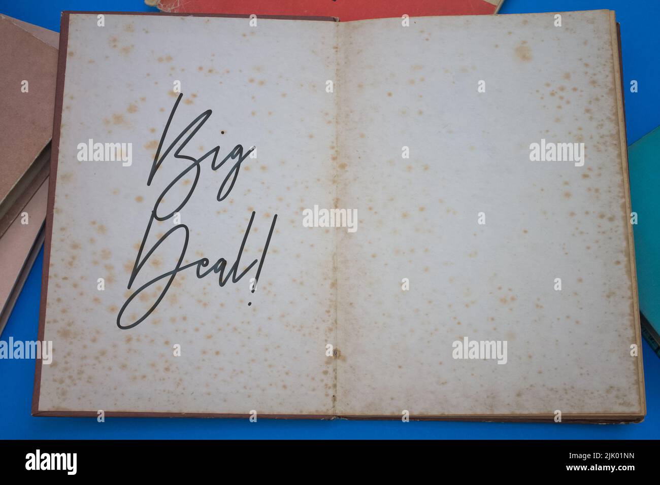 Big Deal word in opened book with vintage, natural patterns old antique ...
