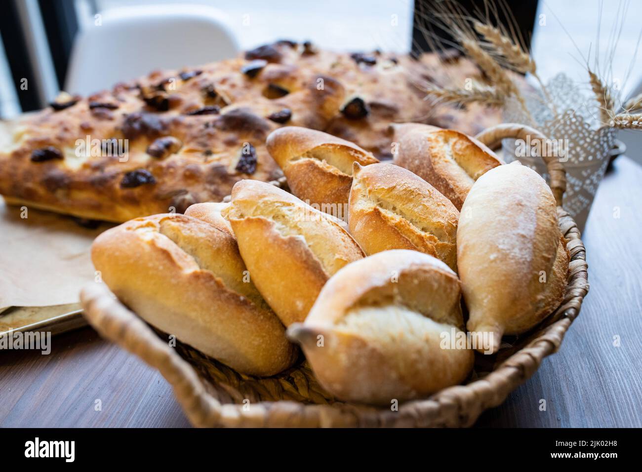 Ready-made La Ciriola romana bread on the counter at the artisan bakery ...