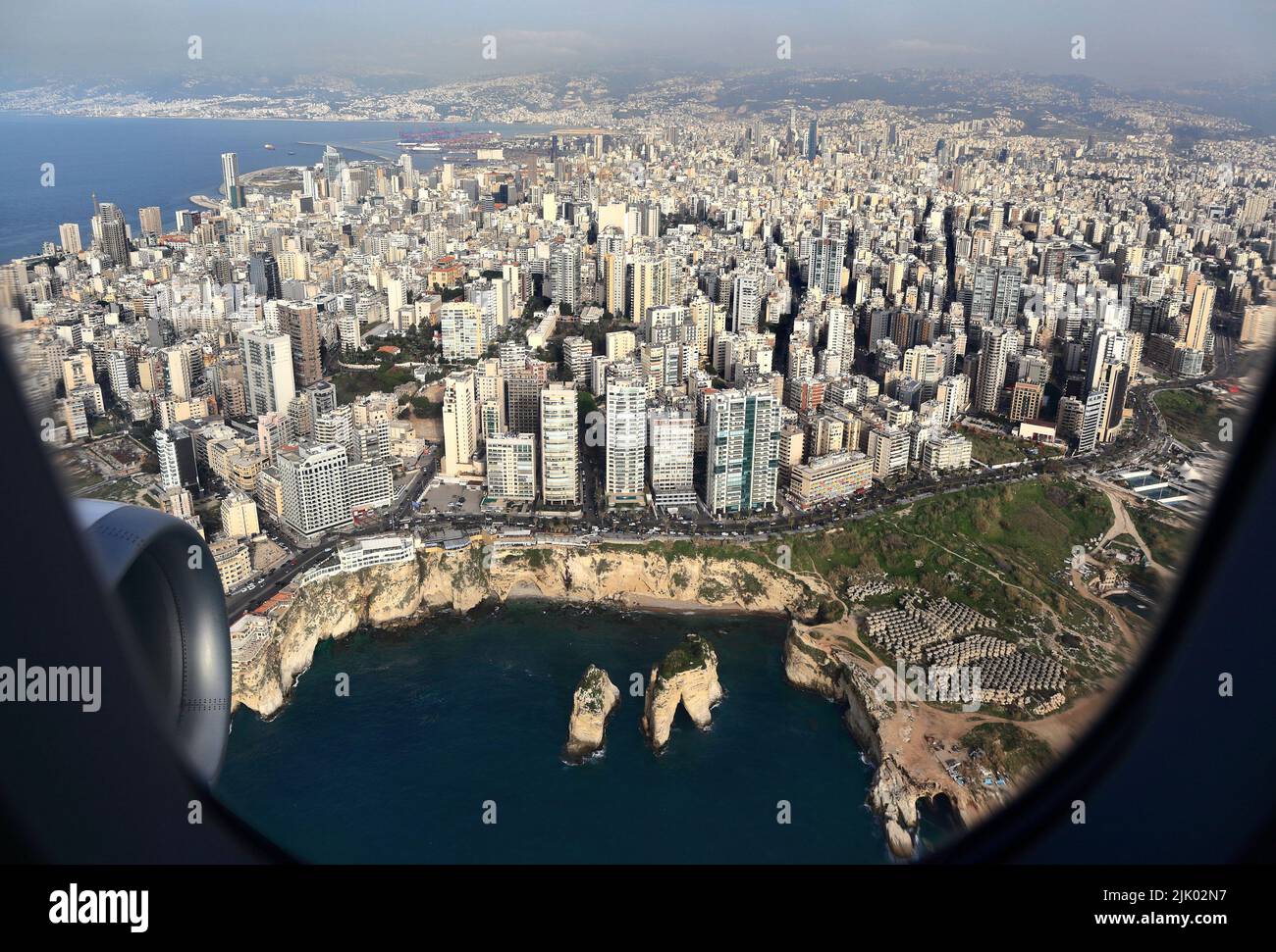View of Beirut from the airplane, including the famous pigeon rocks, as ...