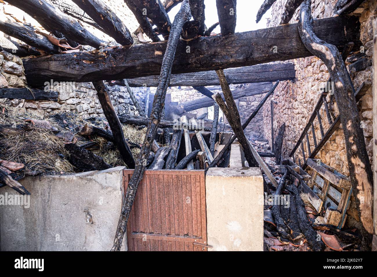The interior of a burned haystack. A fire has destroyed a large part of ...