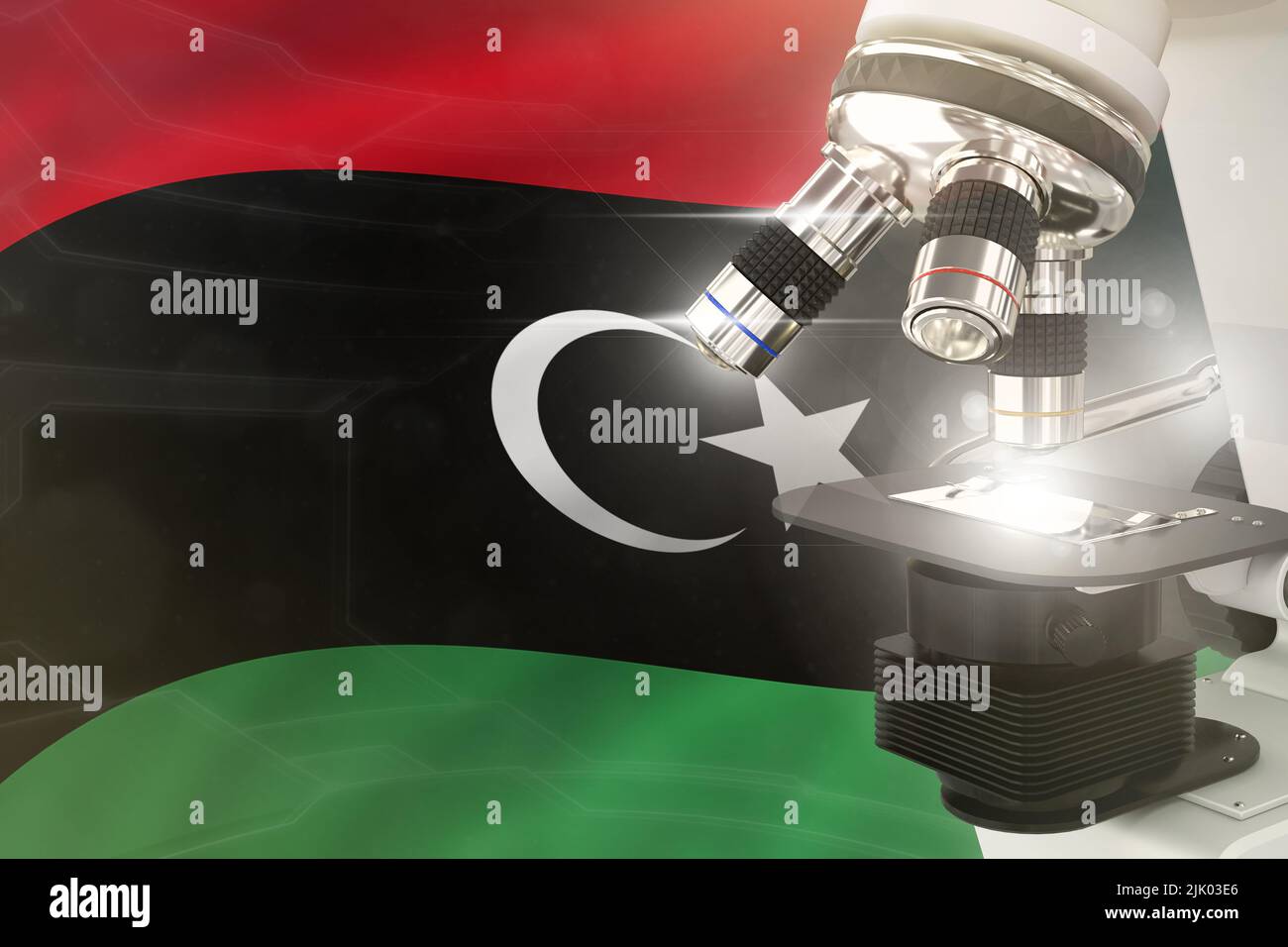 Libya science development concept - microscope on flag background ...