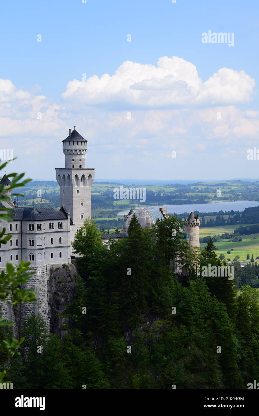 The Neuschwanstein Castle surrounded by dense trees and a lake in the ...