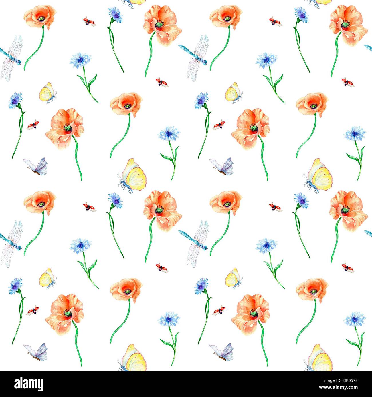 Summer floral field with dragonfly and butterfly watercolor seamless ...