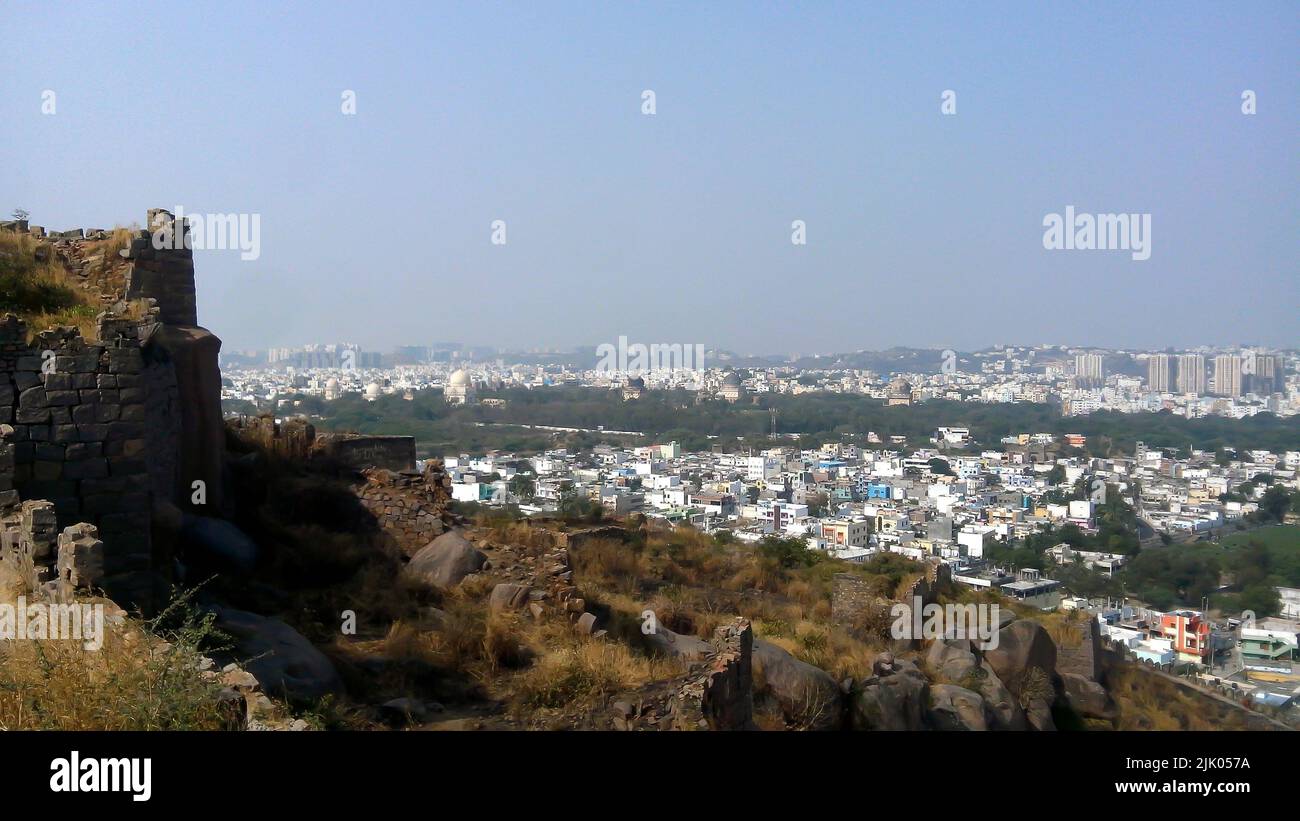 View of Hyderabad city with colorful homes and apartment buildings from ...