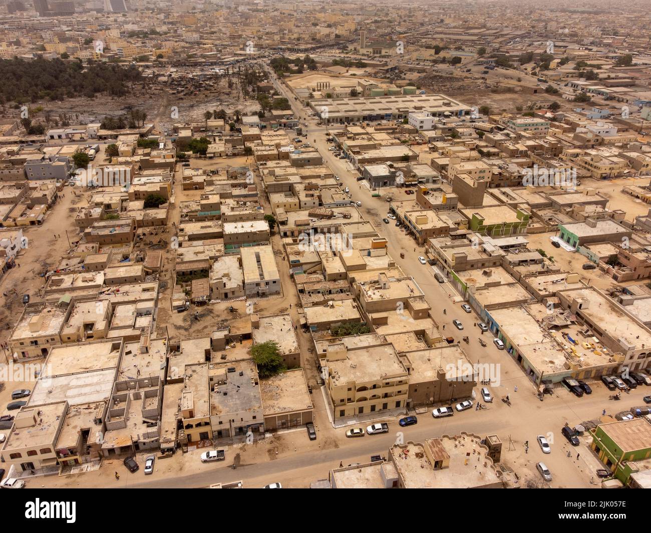 Aerial wide panorama of the west part of Nouakchott, Mauritania. At the ...