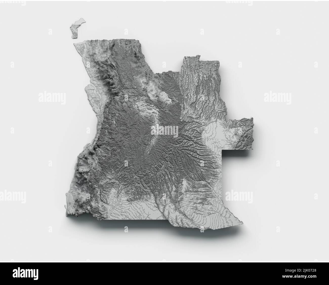 A 3D rendering of a grey outlined map piece of Angola on grey ...