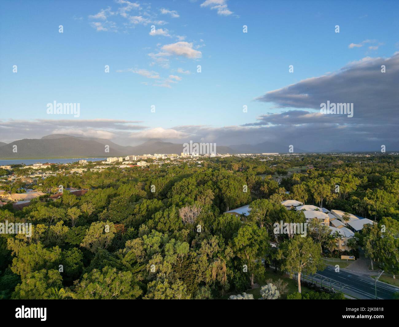 Aerial view of Cairns botanical garden and mountains at sunset Stock ...