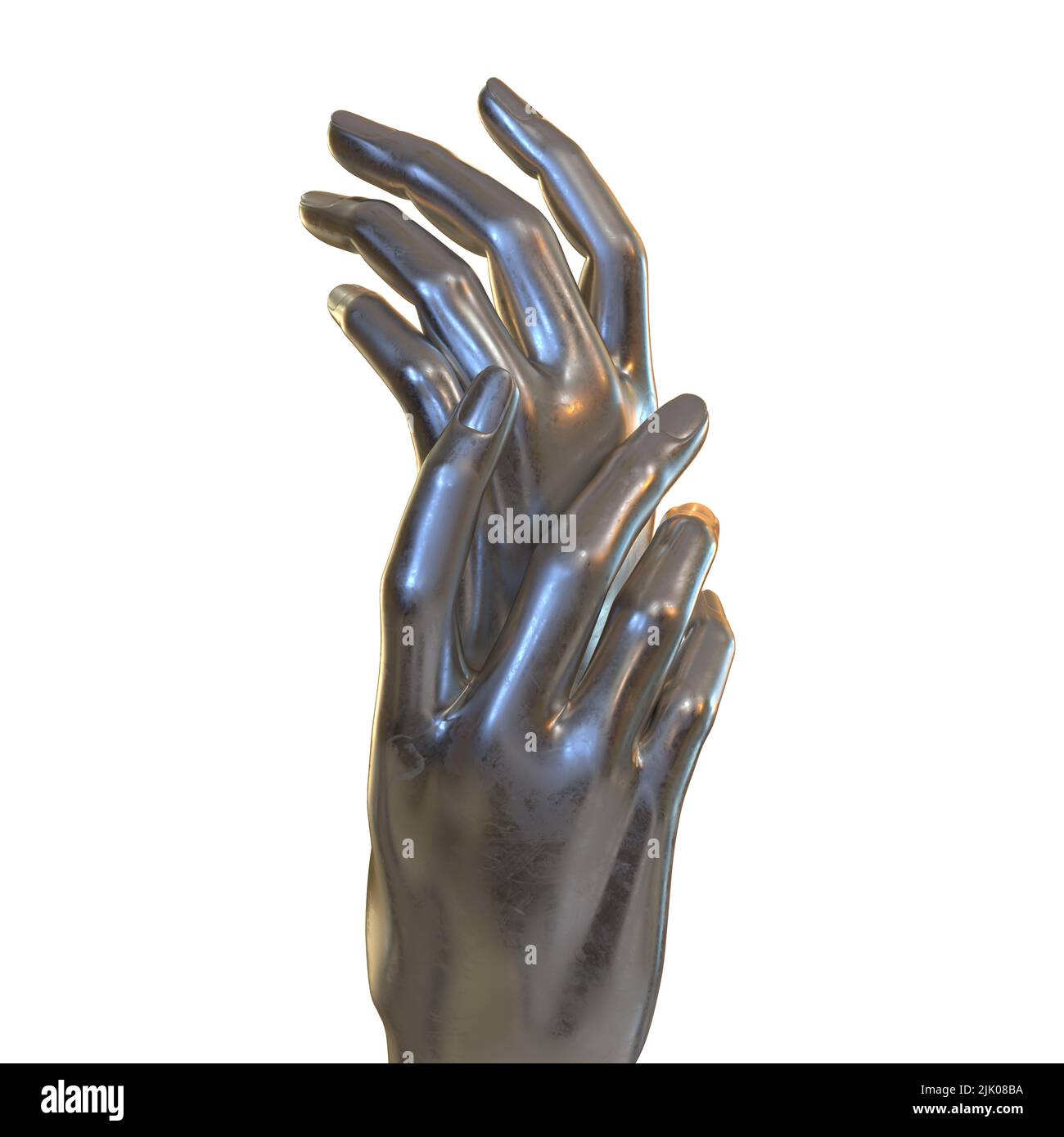 metallic futuristic hands rubbing each other - 3D illustration of 2 ...