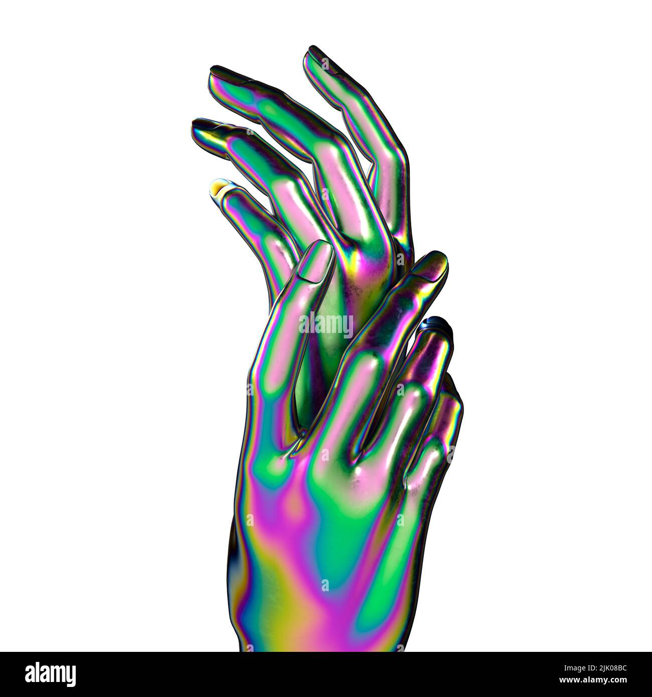 metallic iridescent futuristic hands rubbing each other with ...