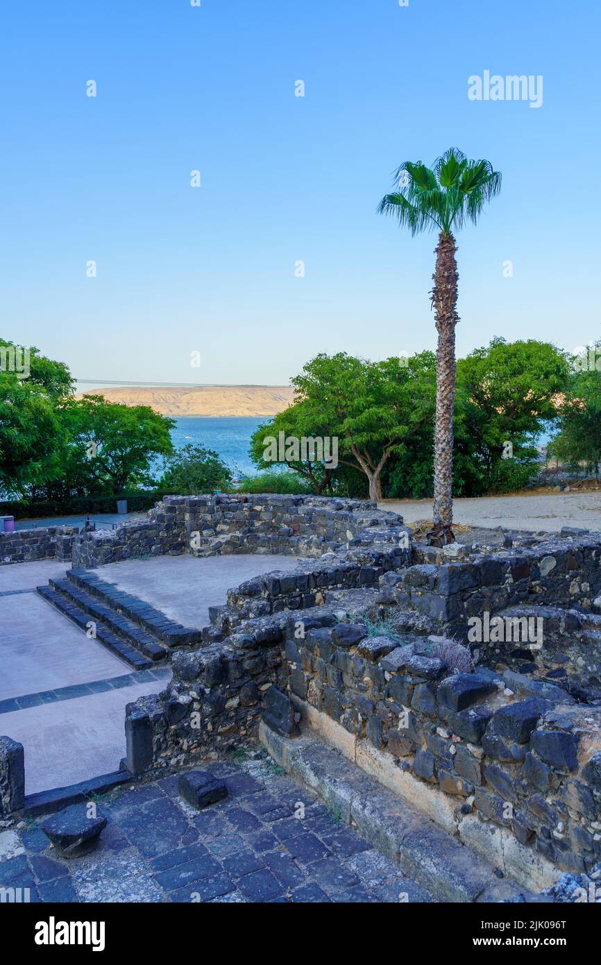 View of ruins of an ancient synagogue, in Hamat Tiberias National Park ...