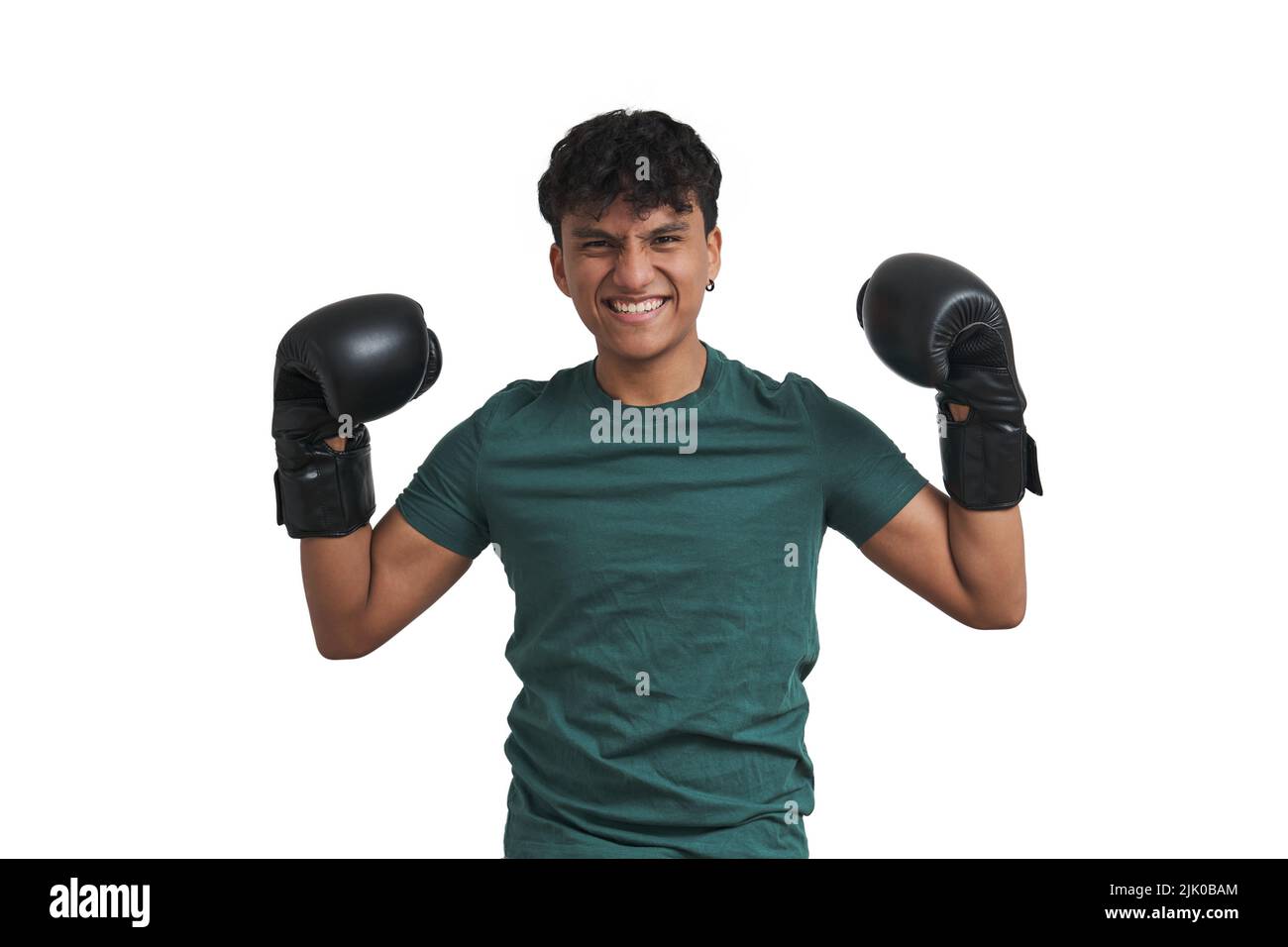 Young peruvian boxer guts pose, smiling and looking at camera, isolated ...