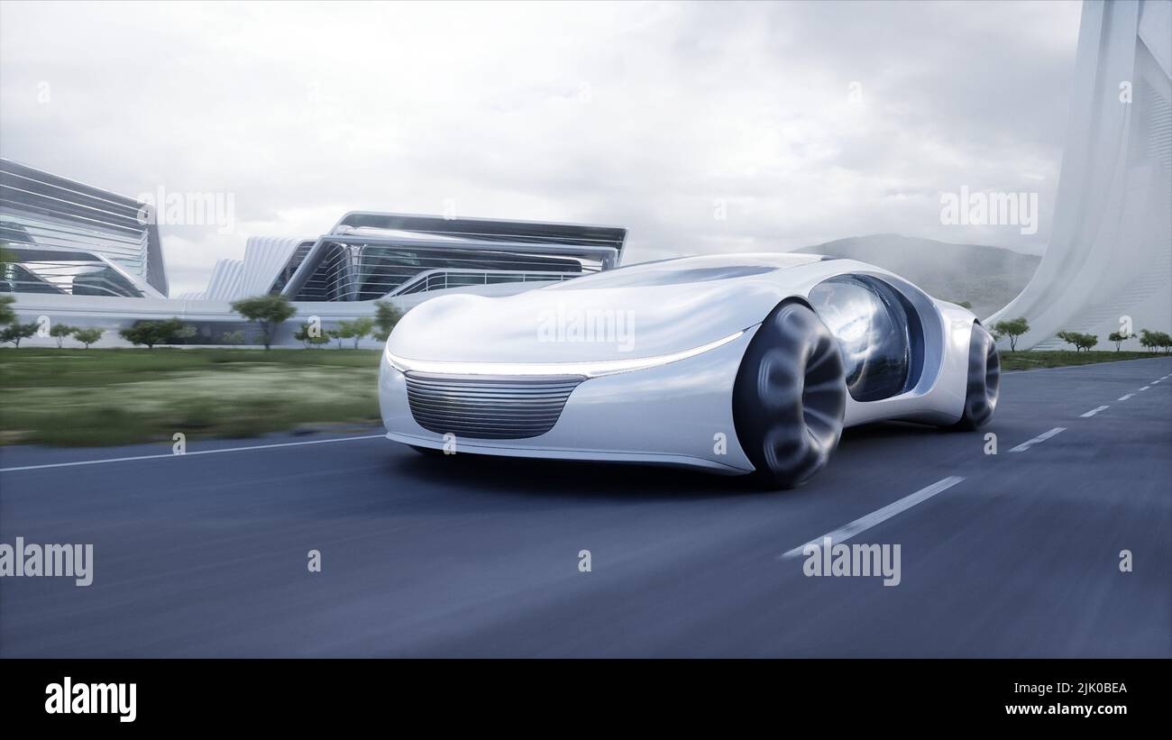 Futuristic electric car very fast driving on highway. Futuristic city ...