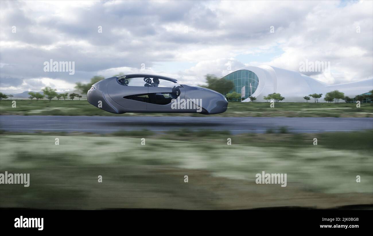 Futuristicflying car very fast driving on highway. Futuristic city ...