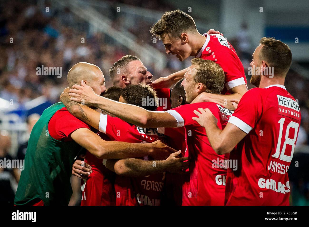 Antwerp's players celebrate after scoring during a game between Belgian ...