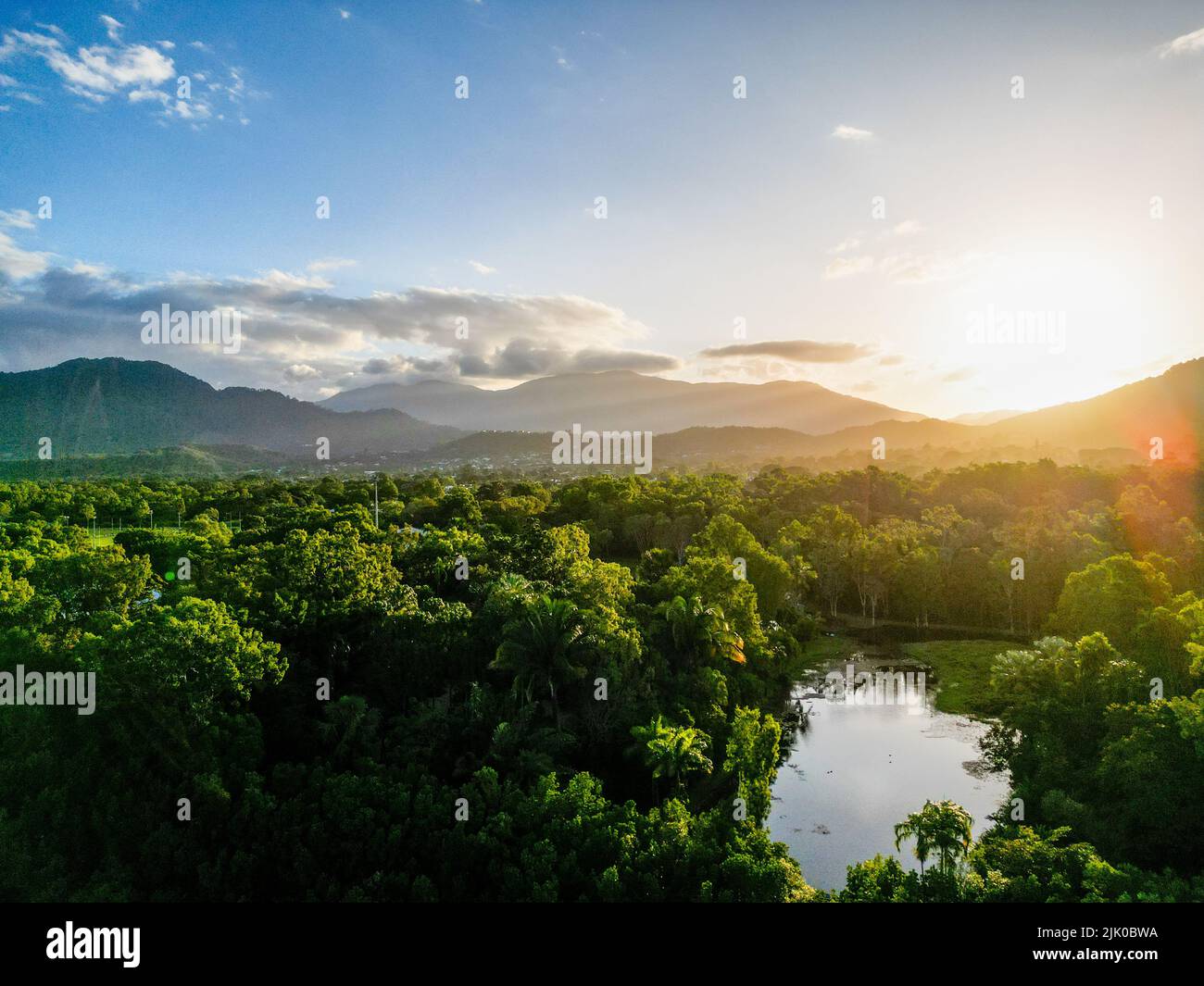 Aerial view of Cairns botanical garden and mountains at sunset Stock ...