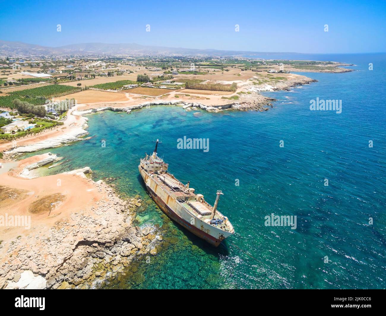 Aerial view of the abandoned ship wreck EDRO III in Pegeia, Paphos ...