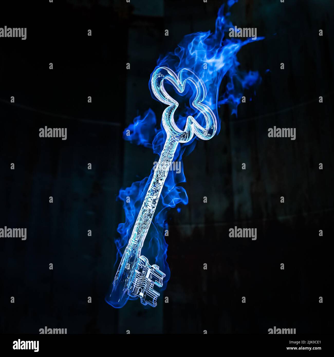 3D Rendering of a Cyber Key Burns up in a Blue Fire Flame Stock Photo ...