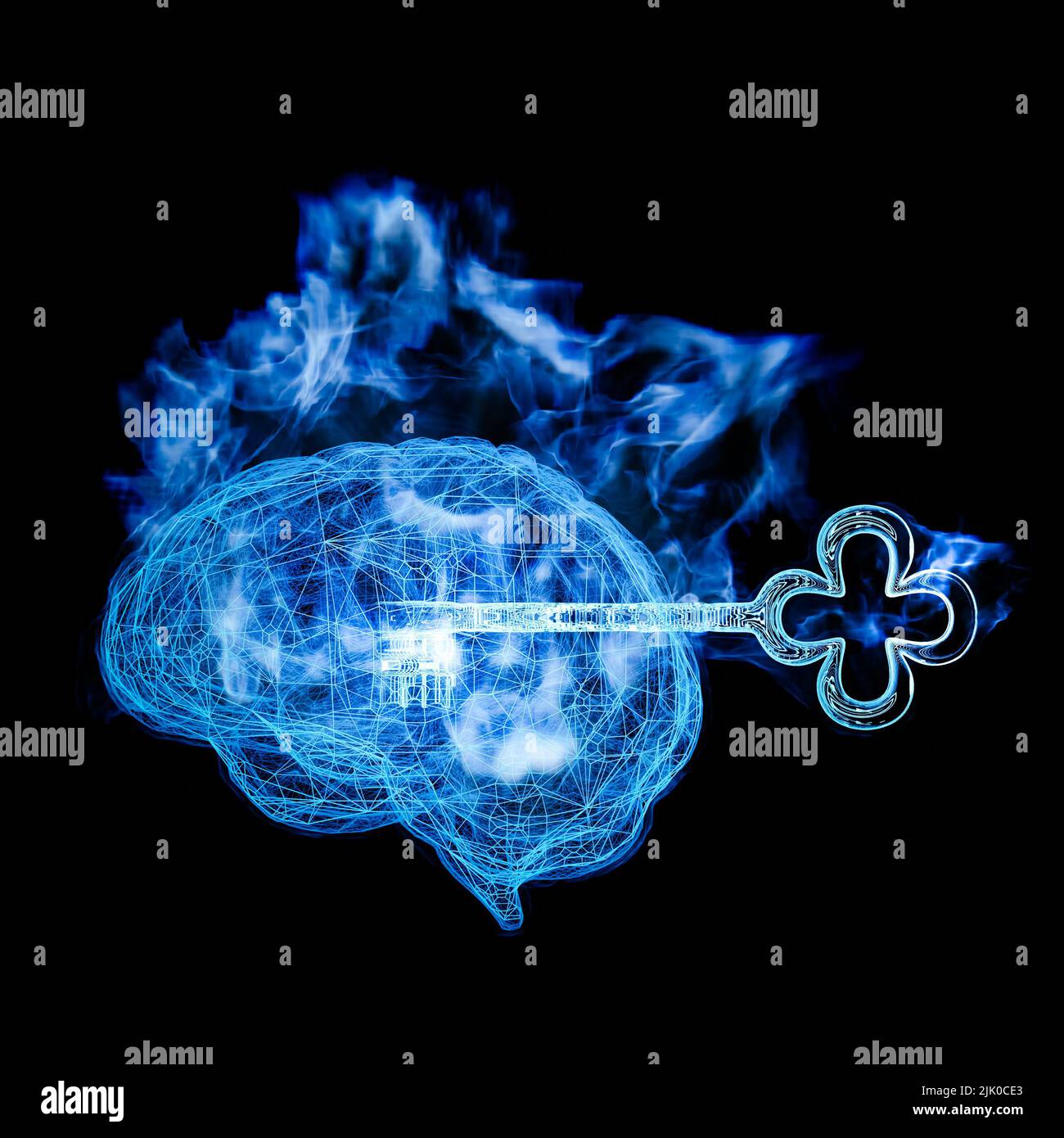 3D Rendering of a Key Penetrate inside a Wire Brain with Blue Fire ...