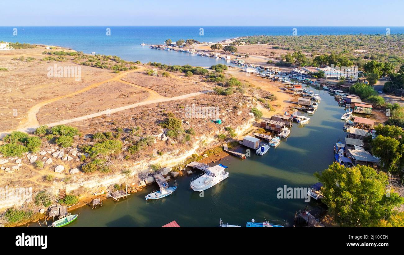 Aerial bird's eye view of Liopetri river to the sea (potamos Liopetriou ...