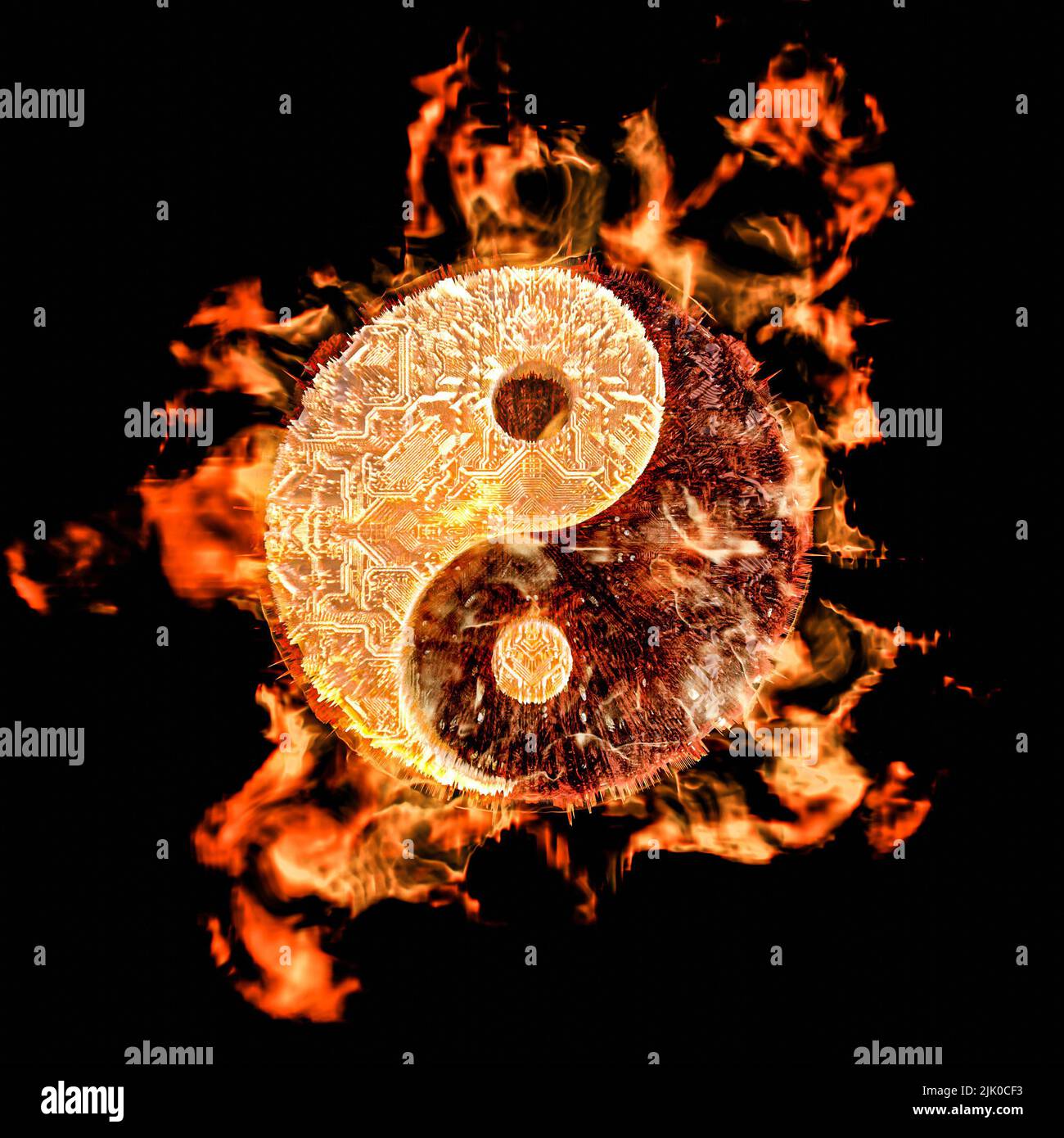 3D Rendering of A Yin Yang Symbol with Electronic Circuit Texture Burns ...