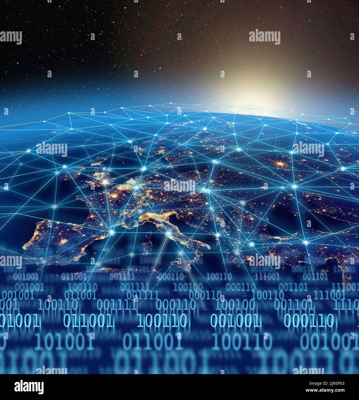 Global digital network binary data flow in dark background, abstract ...