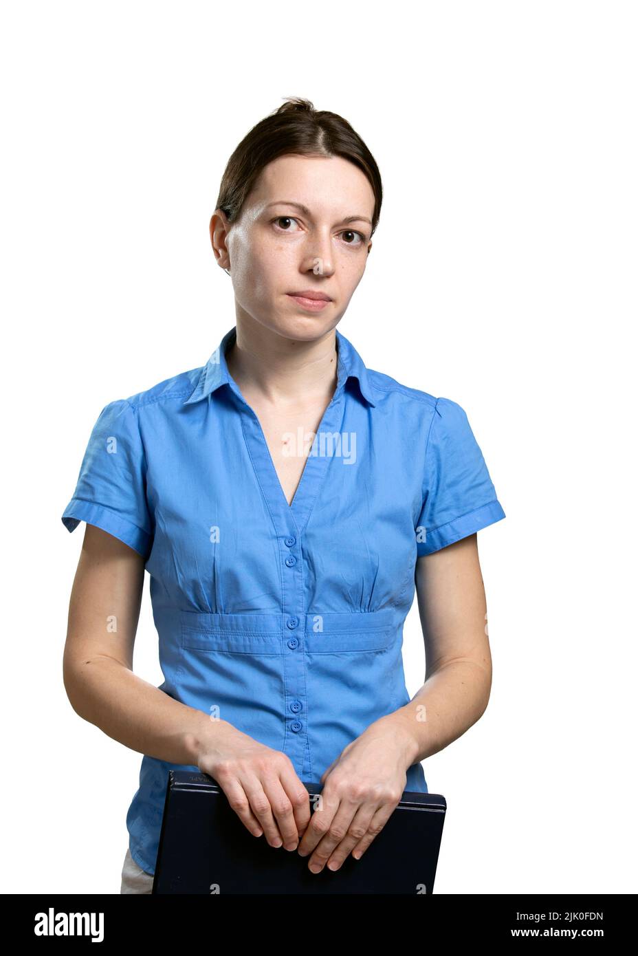 Portrait of young beautiful well-groomed modest women in blue strict ...