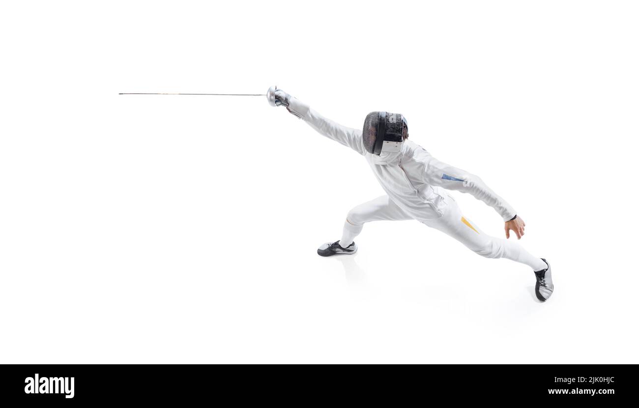 Aerial view of male fencer in fencing costume and mask holding ...