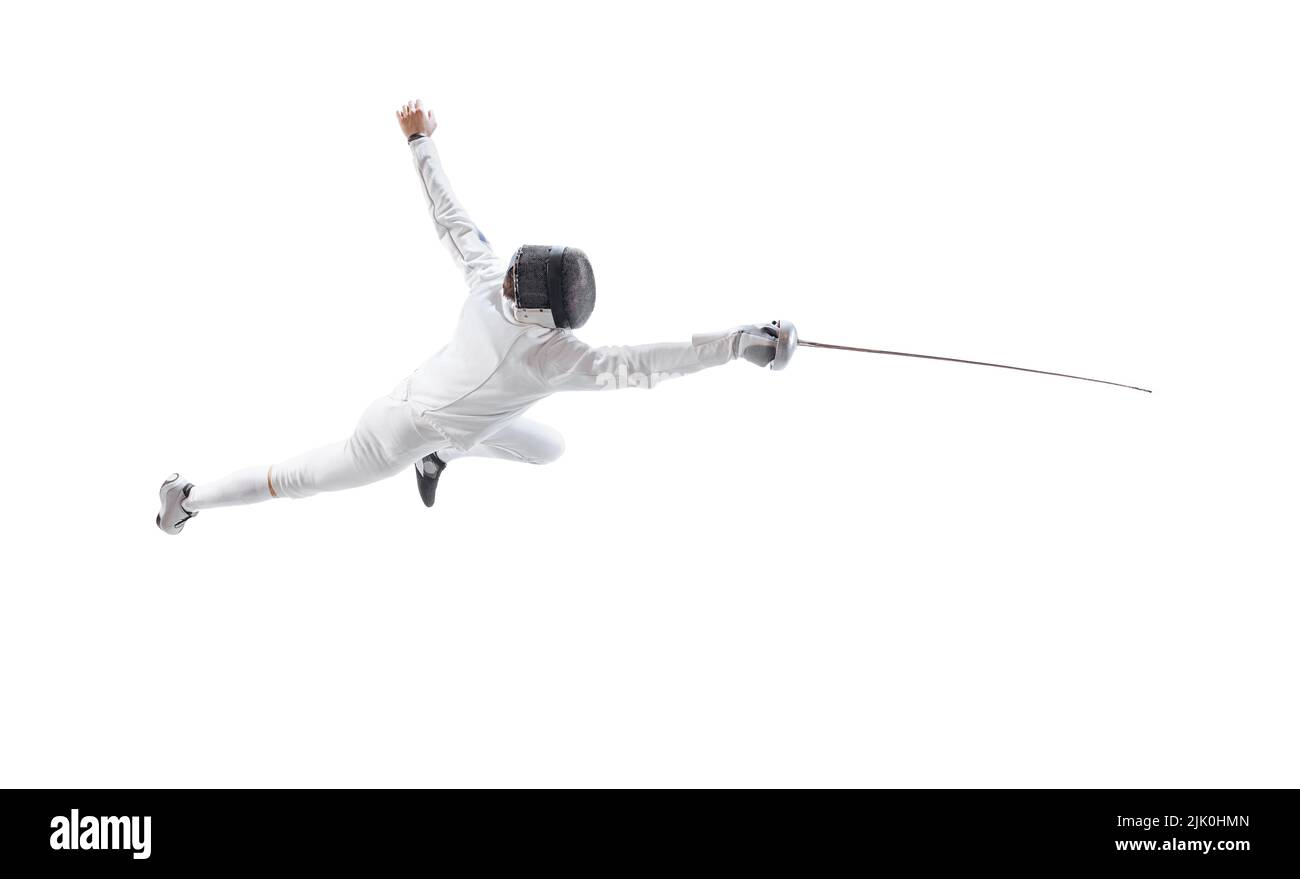 Aerial view of male fencer in fencing costume and mask holding ...