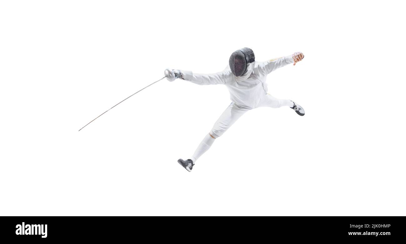 Aerial view of male fencer in fencing costume and mask holding ...