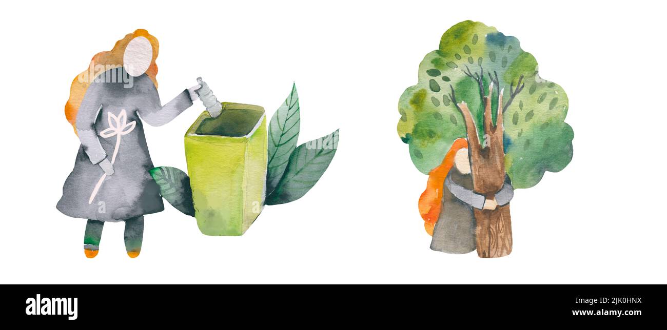 Young girl hugging tree. Eco friendly, environment preservation concept ...