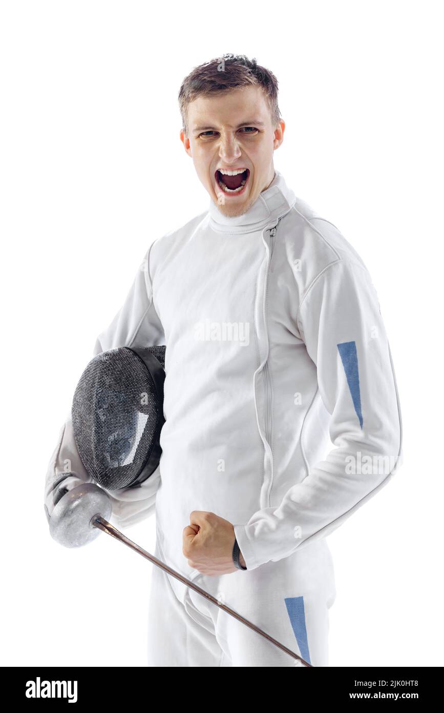 Portrait of professional male fencer in fencing costume and mask ...