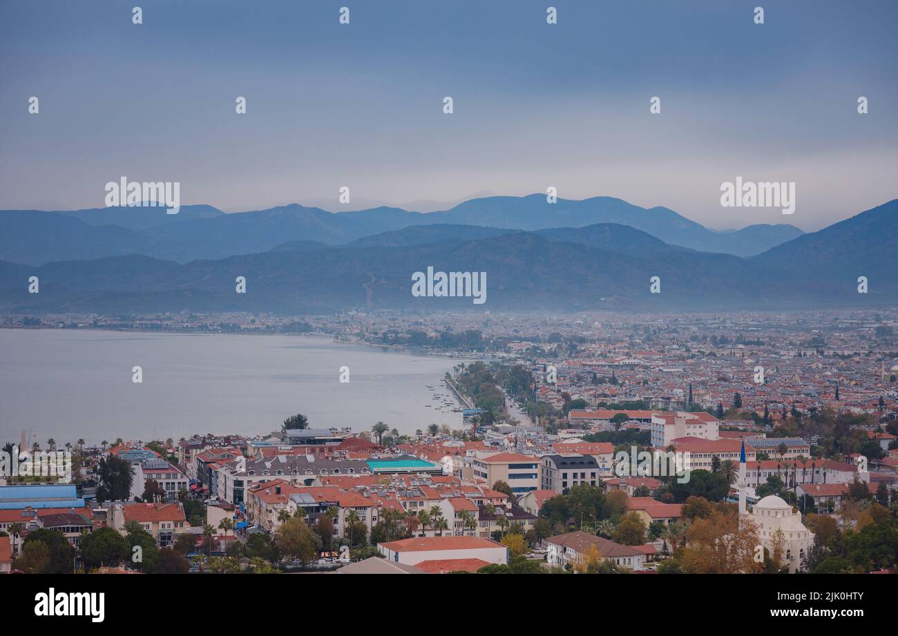 Aerial view popular tourist city of Fethiye landscape and cityscape ...