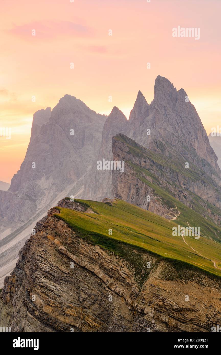 Breathtaking view of Seceda during a beautiful sunrise. The Seceda with ...
