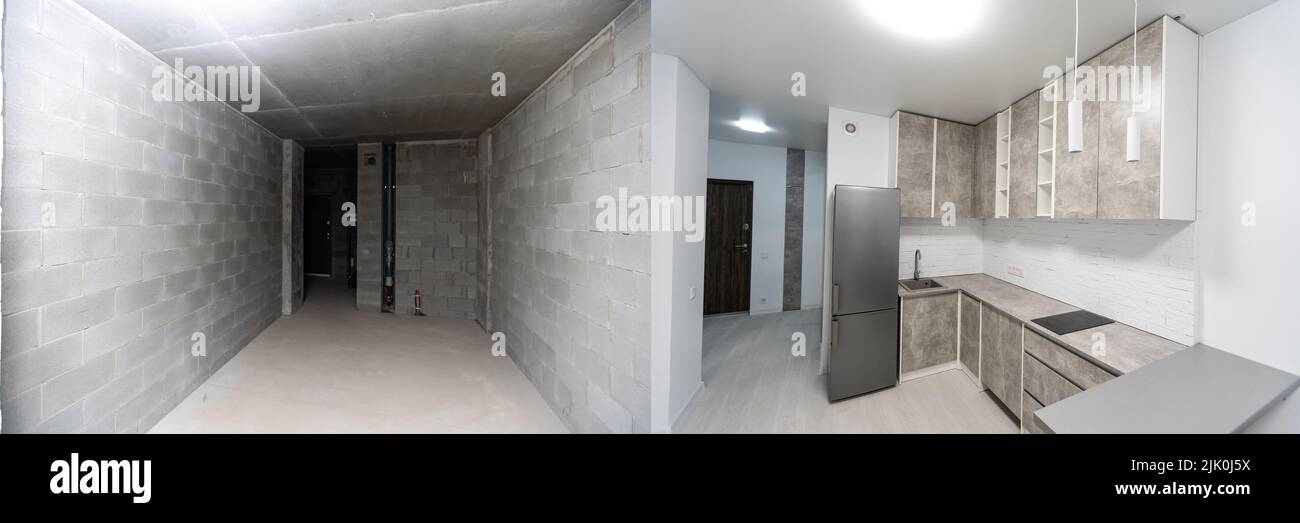 Empty rooms with large window, heating radiators before and after ...