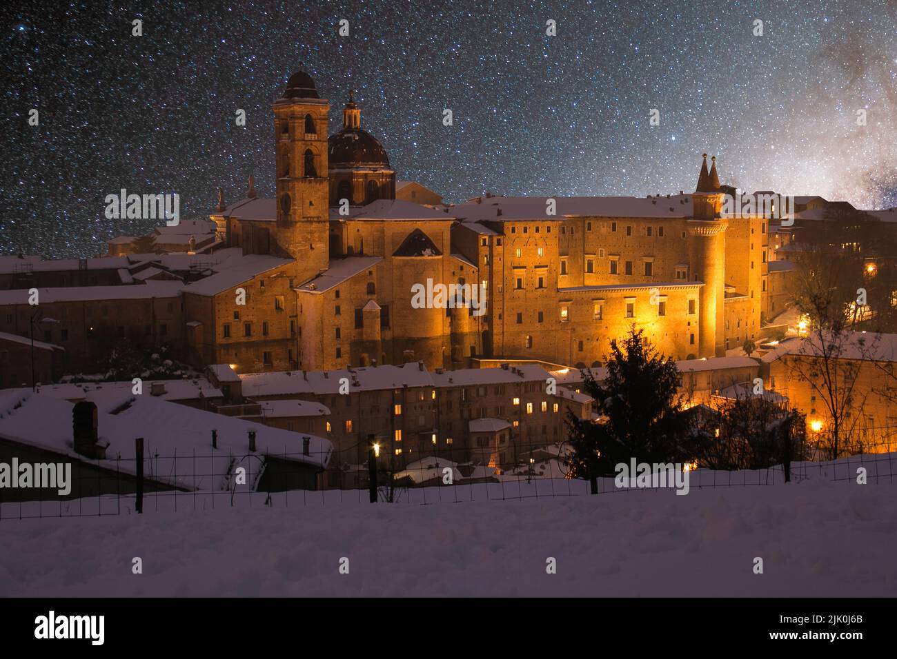 Beautiful starry sky over Urbino old city in the marche region with ...