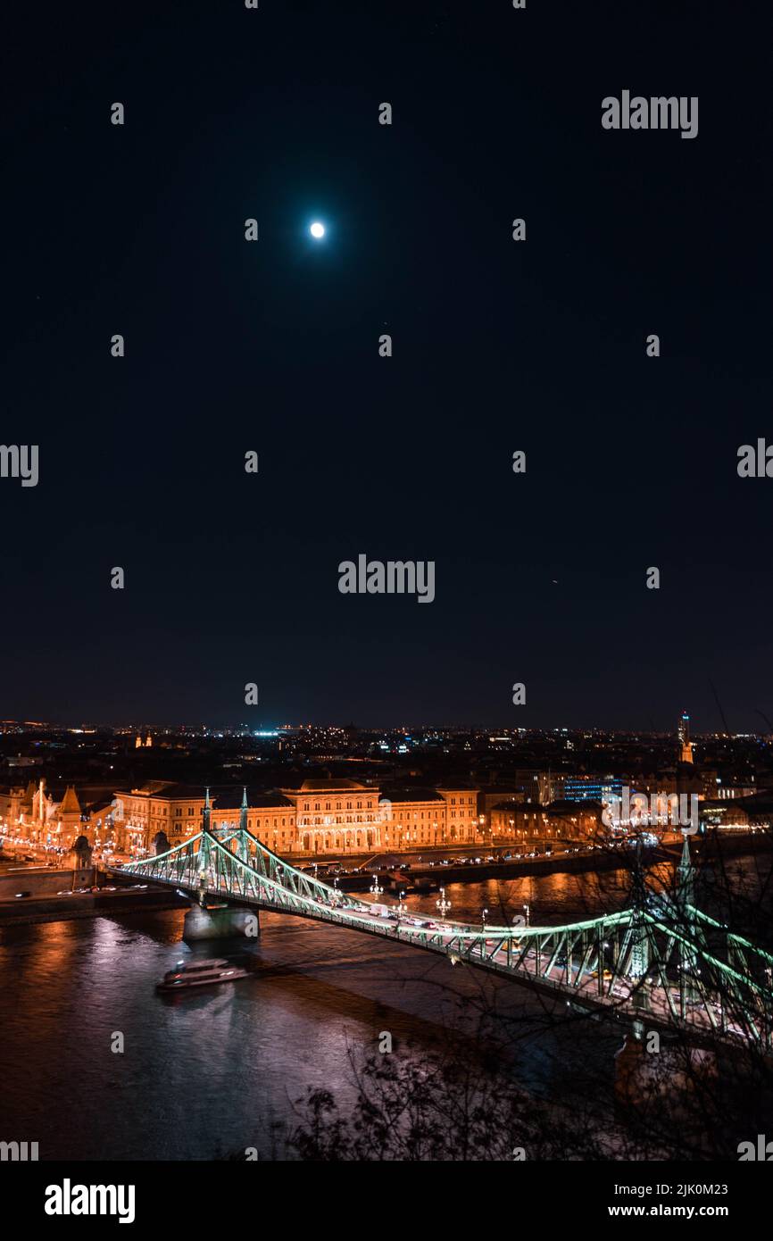 A vertical shot of a bridge over river in Budapest city at night with ...