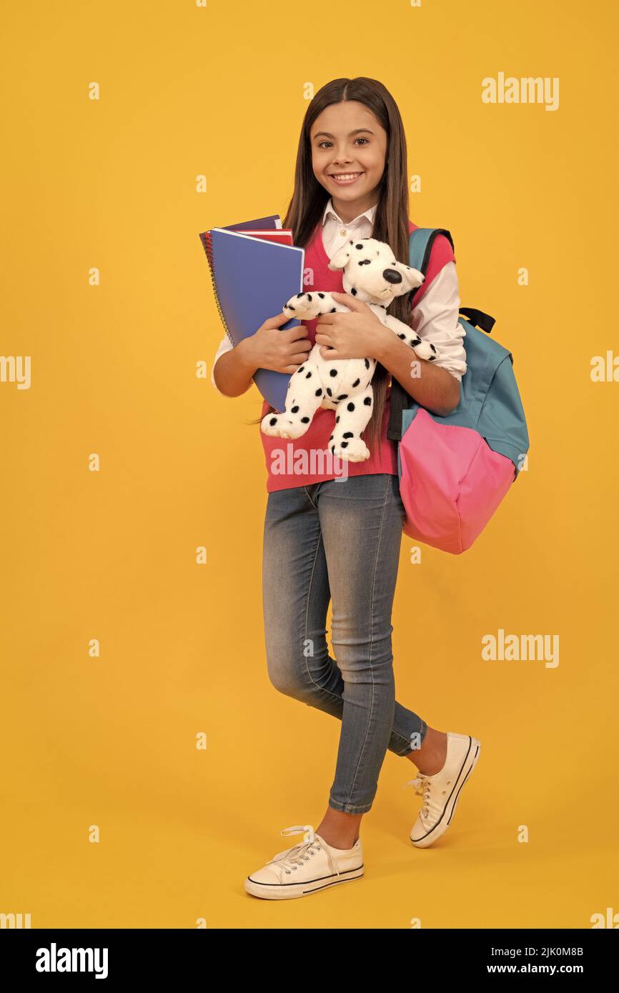 good mood. happy teen girl carry backpack. childhood happiness. back to ...