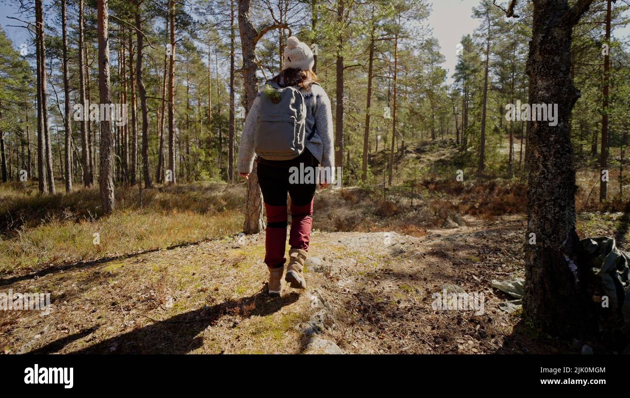 Autumn Hike Backpacker Lifestyle Woman Walking on Trek Trail Stock ...