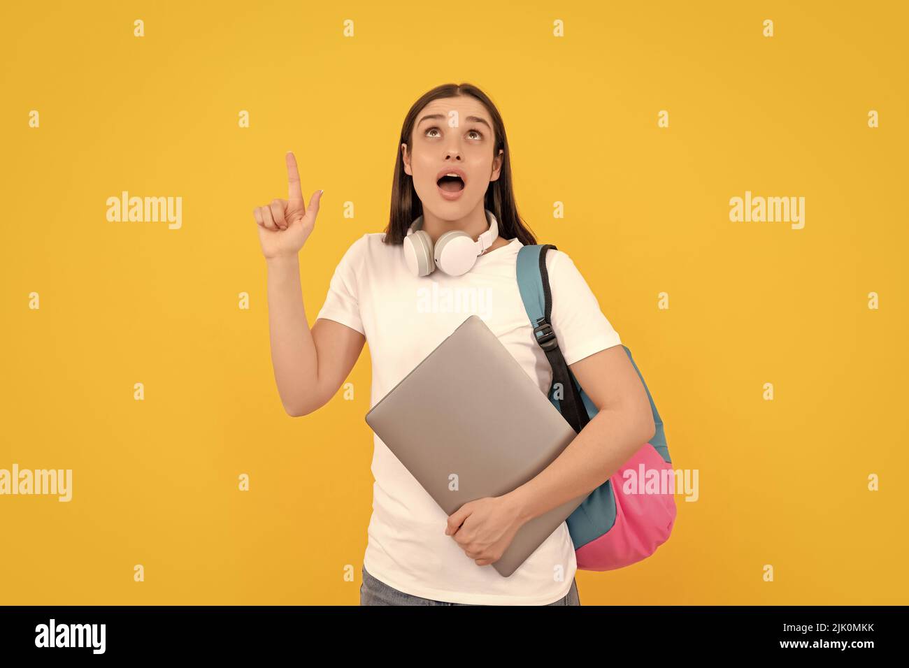 inspired with idea lady in headphones hold pc carry backpack, education ...