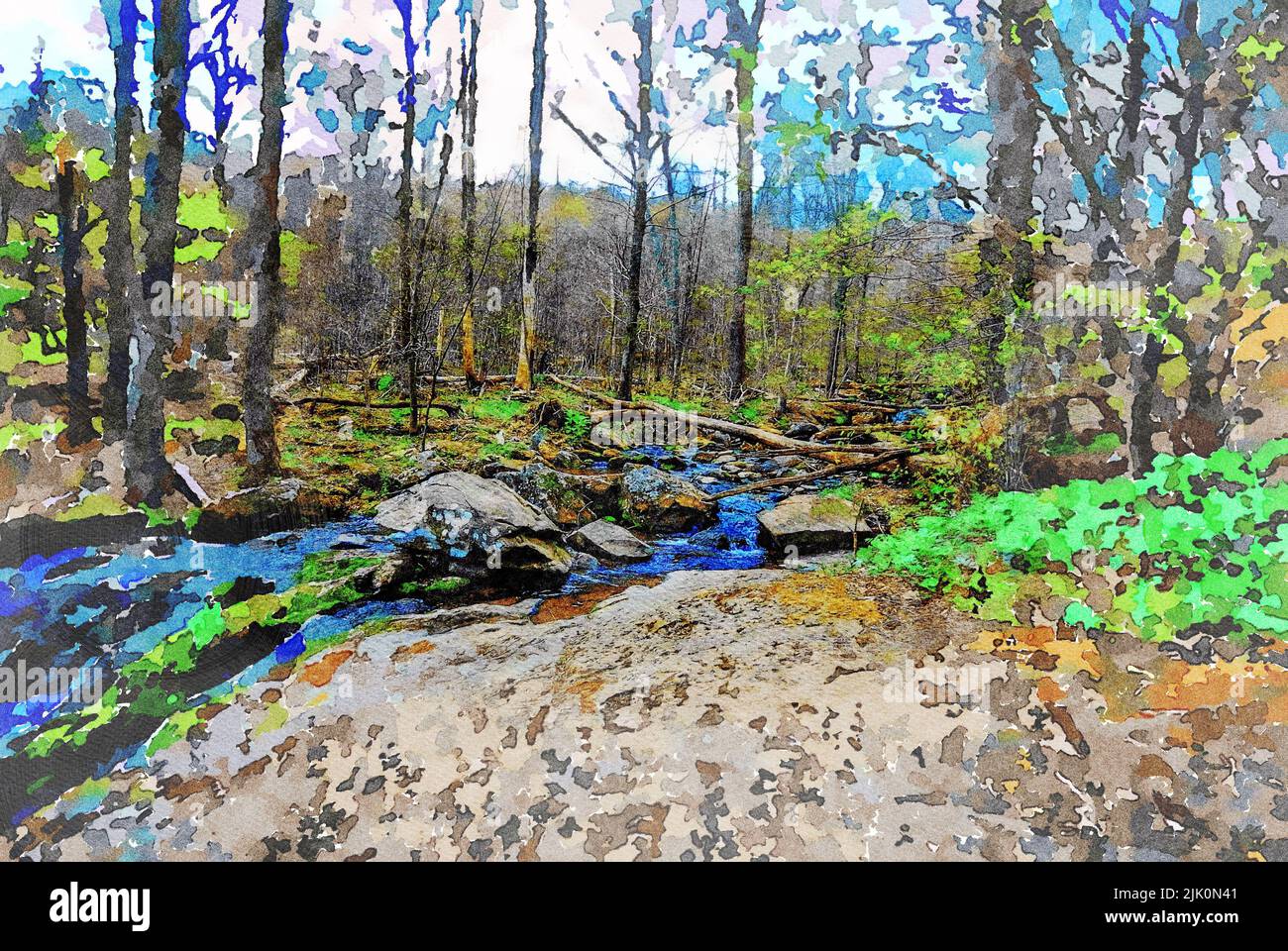 Digitally created watercolor painting of a beautiful small cascading ...