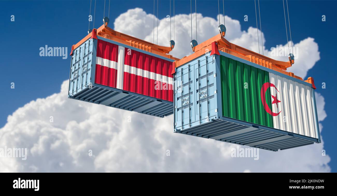 Cargo containers with Algeria and Denmark national flags. 3D Rendering ...